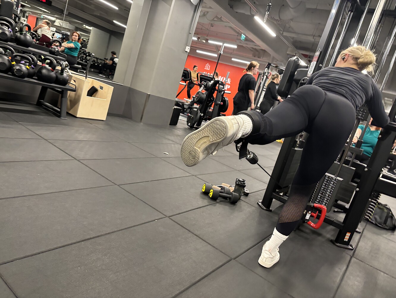 Blonde working out her legs while bending - Spandex, Leggings & Yoga ...
