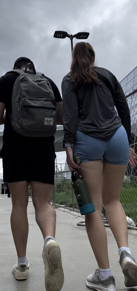 Succulent College Brunette In Light Blue Spandex Shorts Vpl Oc
